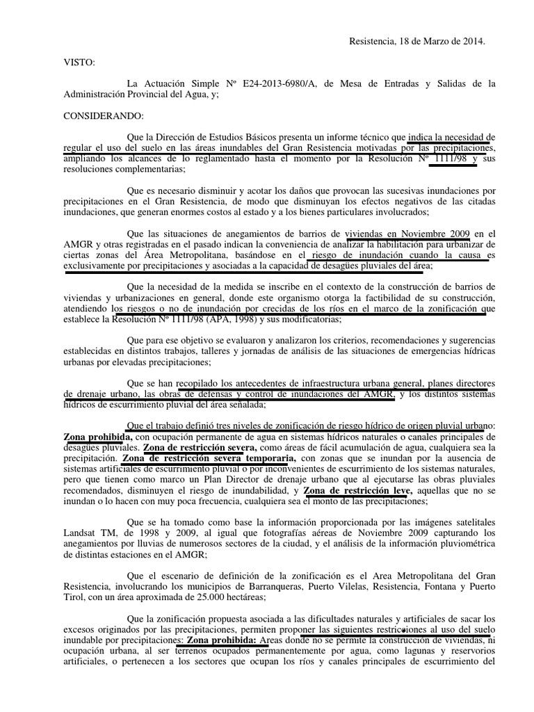 Resolucion 121-14 Zonificacion Riesgo Hidrico Por Precipitaciones AMGR | PDF | Inundar ...
