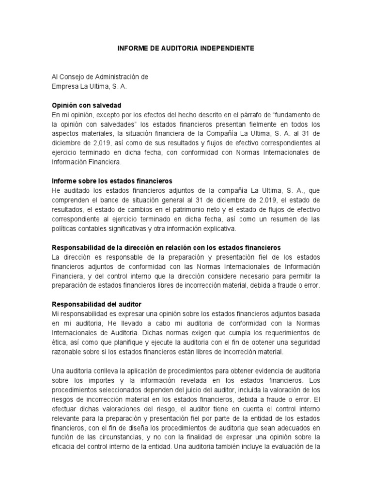 C) NIA 705 OPINION CON SALVEDADES (LIMITACION EN EL ALCANCE) | PDF | Auditoría | Estado financiero