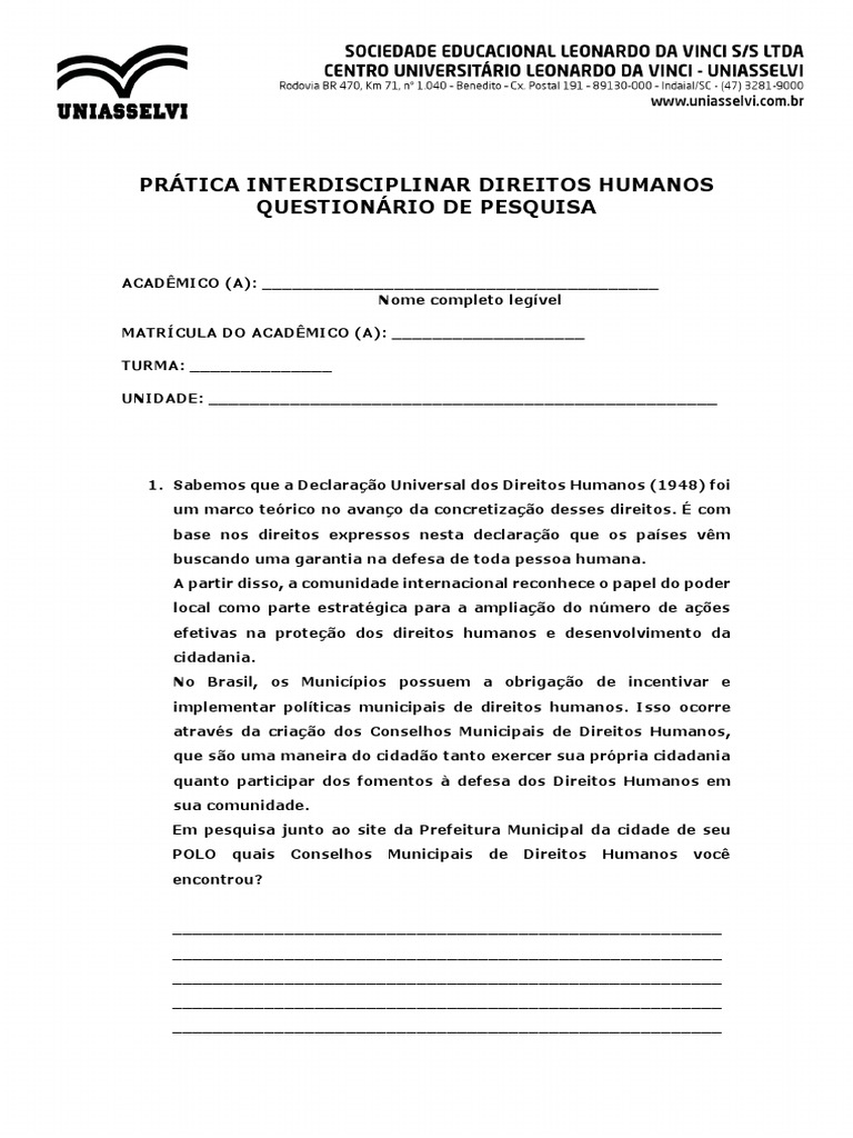 Questionario DH | PDF | Direitos Humanos | Cidadania