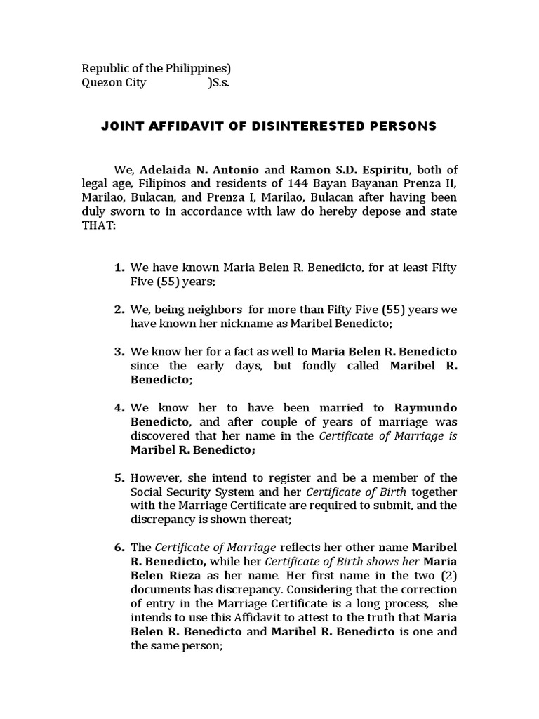 Affidavit of Two Disinterested Persons | Download Free PDF | Affidavit ...