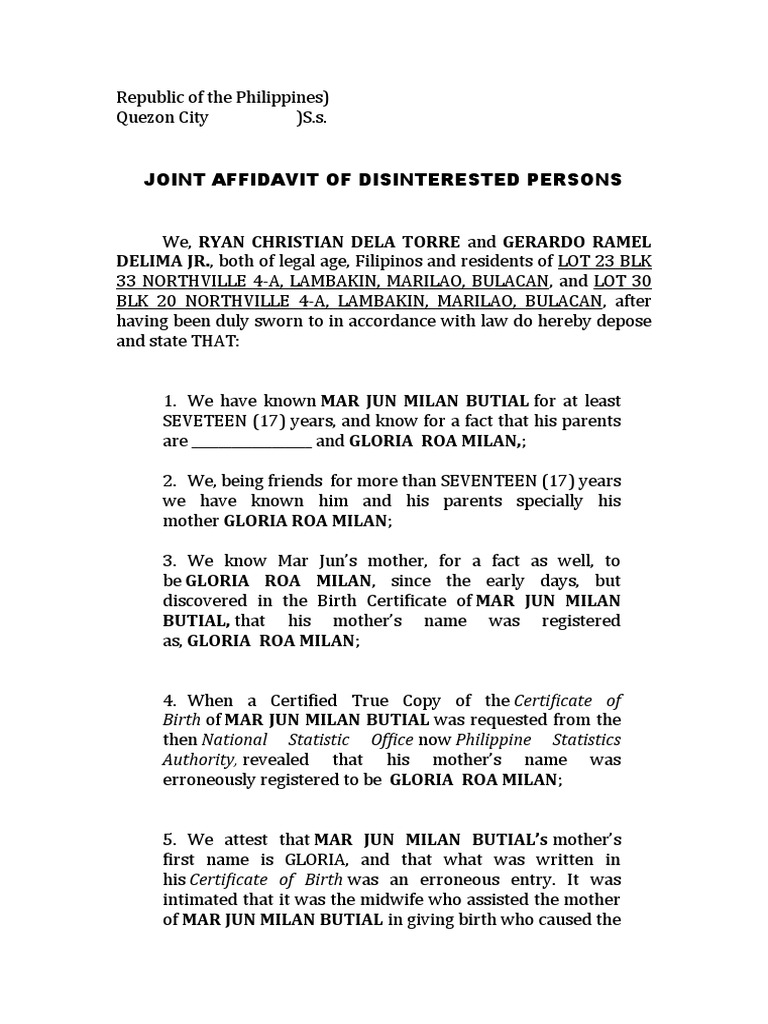 Joint Affidavit of Disinterested Persons | PDF | Affidavit | Evidence