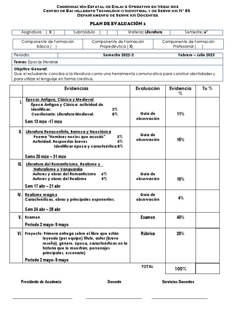 Plan de Evaluacion 2 Literatura | PDF