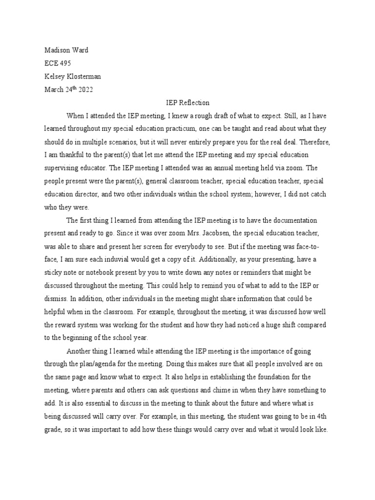 Iep Reflection | PDF | Individualized Education Program | Classroom
