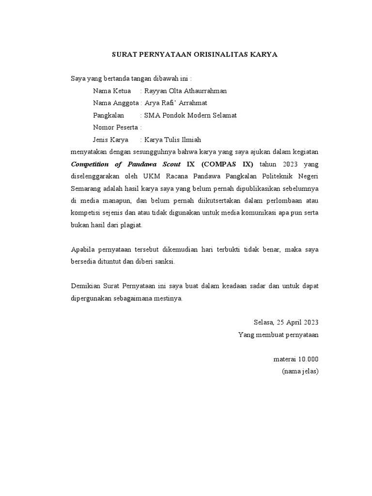 Format Surat Pernyataan Orisinalitas Karya | PDF