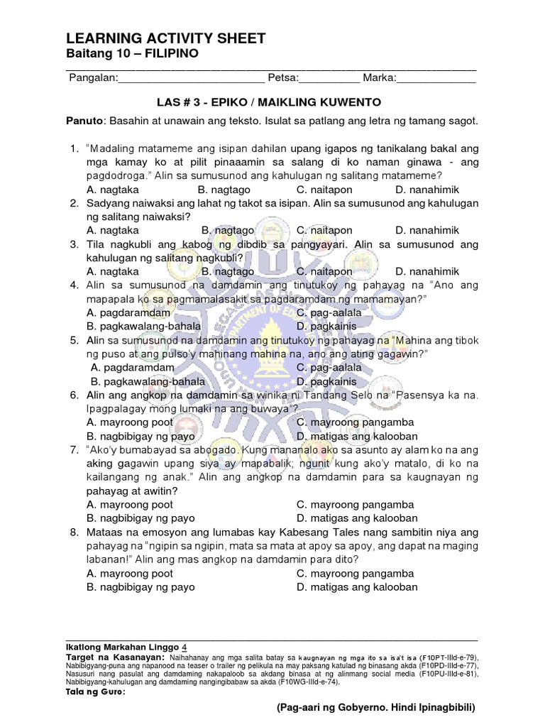 FIL Q3 G10 LAS3 W4 Epiko - Maikling-Kuwento - FV | PDF