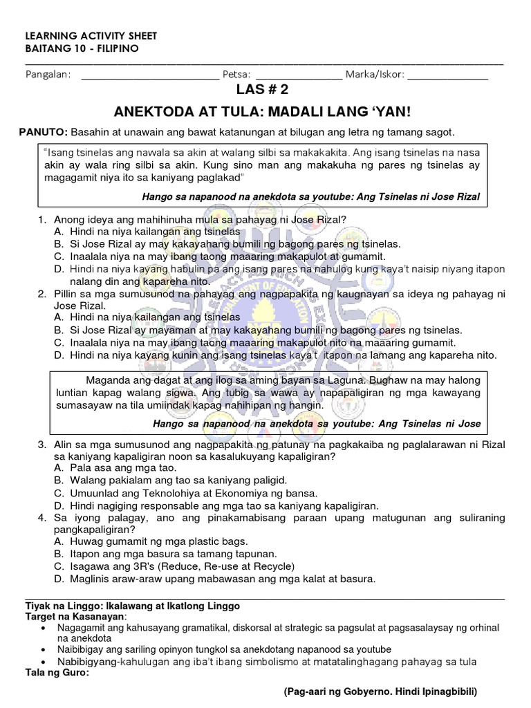 Fil Q3 G10 Las2 W2-3-Anekdota-Tula - FV | PDF