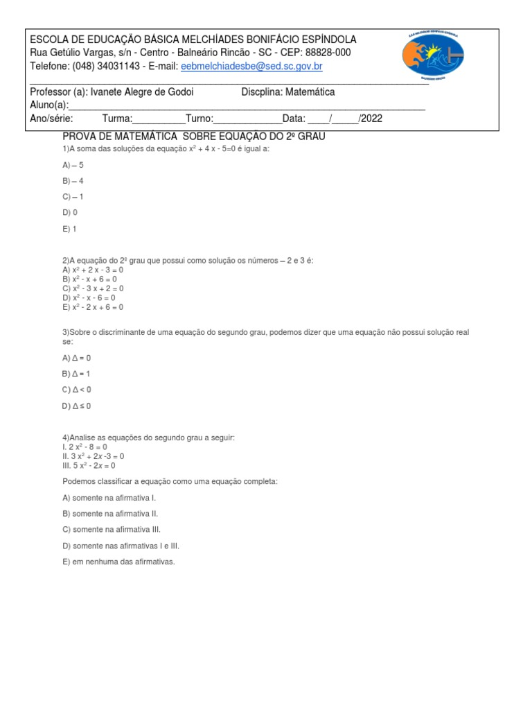 Prova 9° Ano Equação 2º Grau 901 902 903 Pdf Equações Número Real