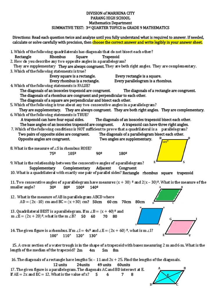 Grade 9 Math Summative Test Guide | PDF | Rectangle | Elementary Geometry