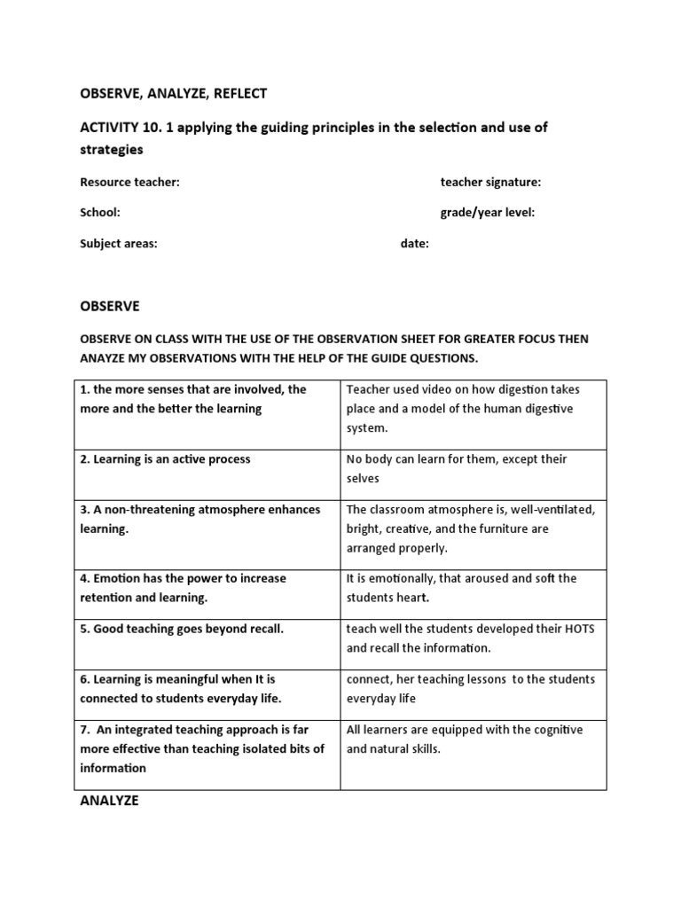 Observe, Analyze, Reflect ACTIVITY 10. 1 Applying The Guiding ...