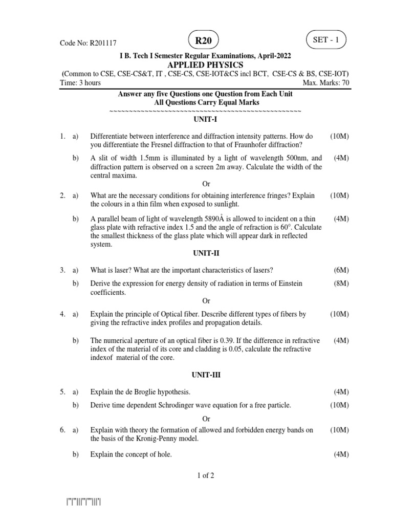 Applied Physics Exam Questions April 2022 | PDF | Diffraction ...