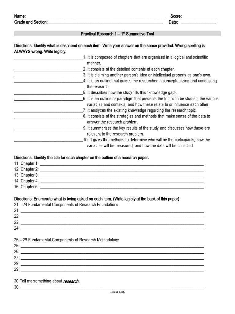Practical Research 1 Summative Test Guide | PDF