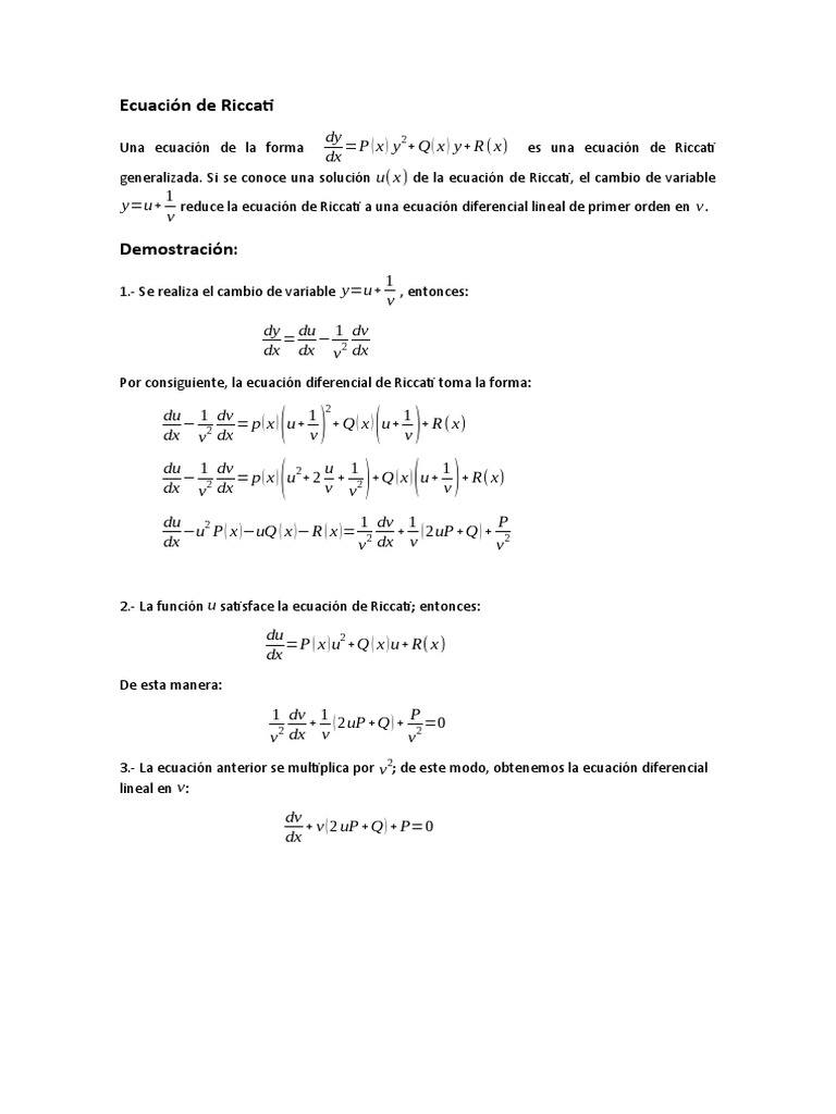 Ecuación de Riccati: Dy DX X y X Y+r (X) U (X) y U+ 1 V V | PDF ...