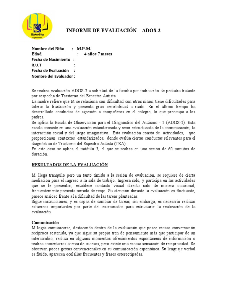 Informe de Evaluación Ados-2 | Descargar gratis PDF | Espectro autista ...