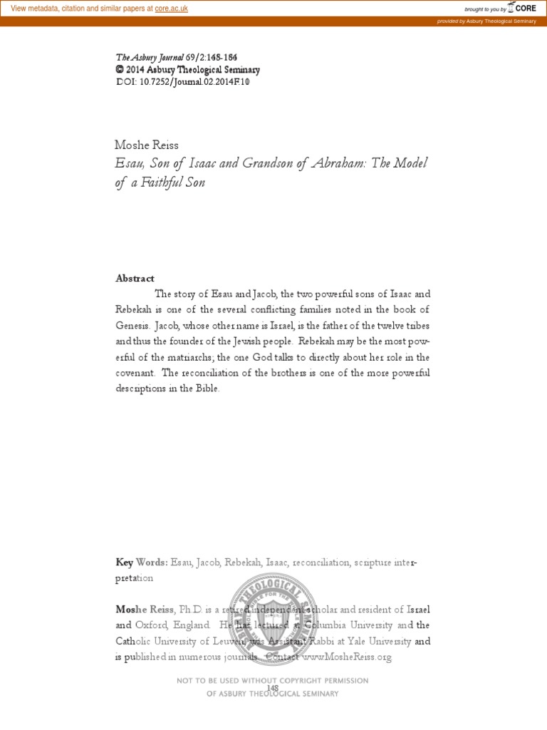 Esau, Son of Isaac and Grandson of Abraham: The Model of A Faithful Son ...