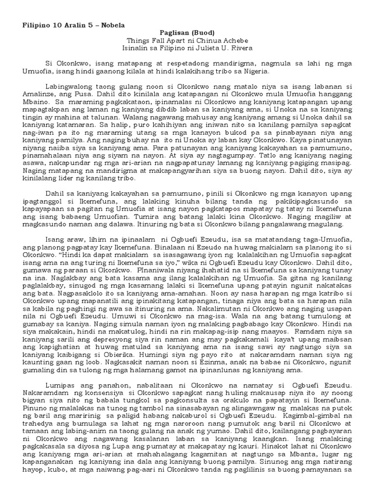 Filipino 10 Aralin 5 - Nobela Paglisan (Buod) | PDF