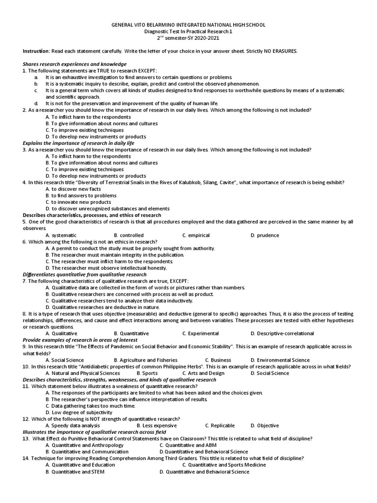 Diagnostic Test in PR1 | PDF | Methodology | Qualitative Research