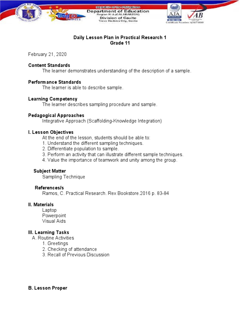 Lesson Plan PR | PDF | Sampling (Statistics) | Learning