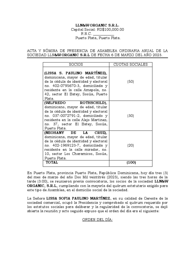 Acta de Asamblea para SRL | PDF | Gobierno