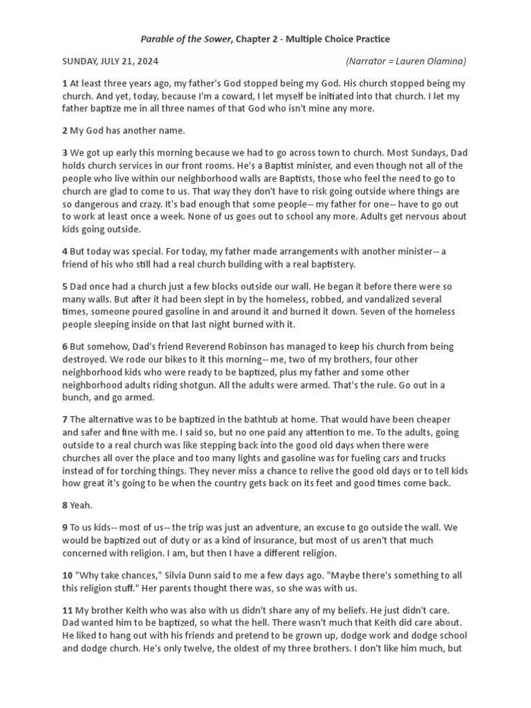 Parable of The Sower Ch.2 MC Practice - QUIZ | PDF
