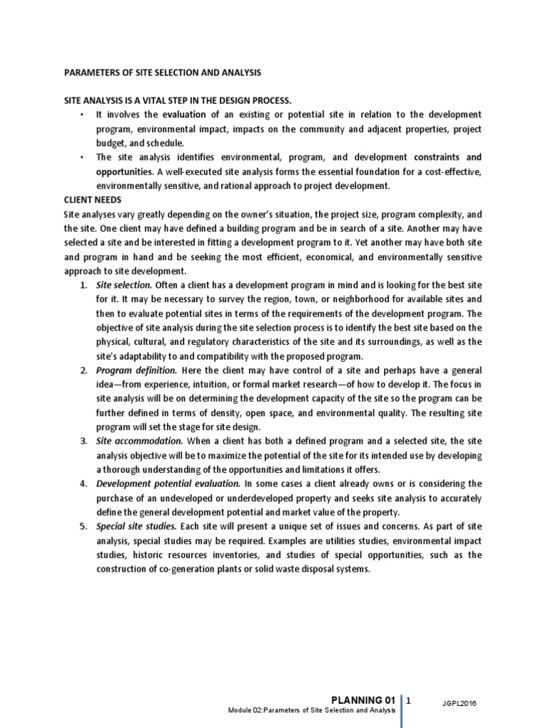 Module 02 - Parameters of Site Selection and Analysis | PDF | Analysis | Evaluation