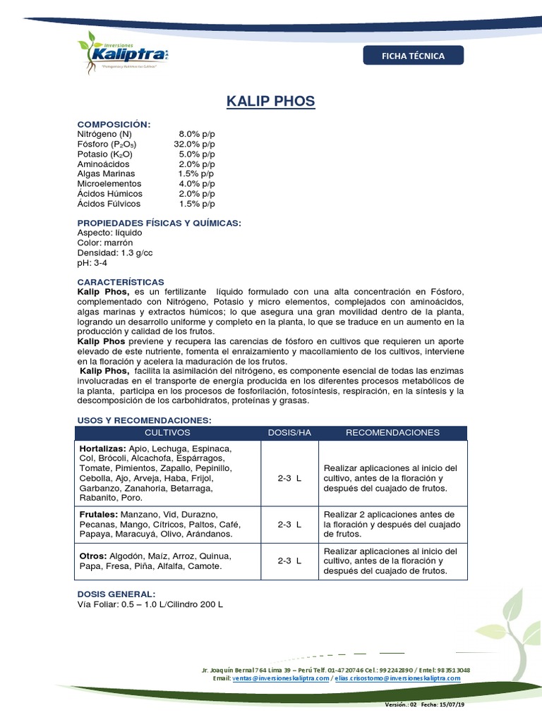 Ficha Técnica de Kalip Phos | PDF | Nutrientes | Química