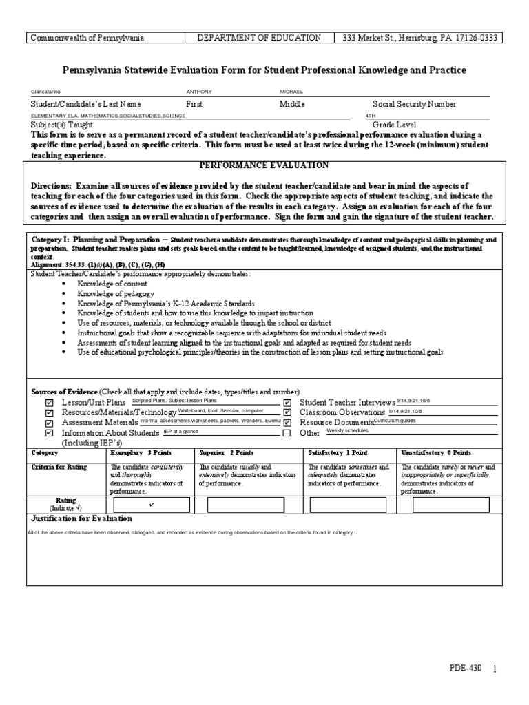 Pde 430 Ece Fillable Form-Giancatarino Nossn | PDF | Teachers | Pedagogy
