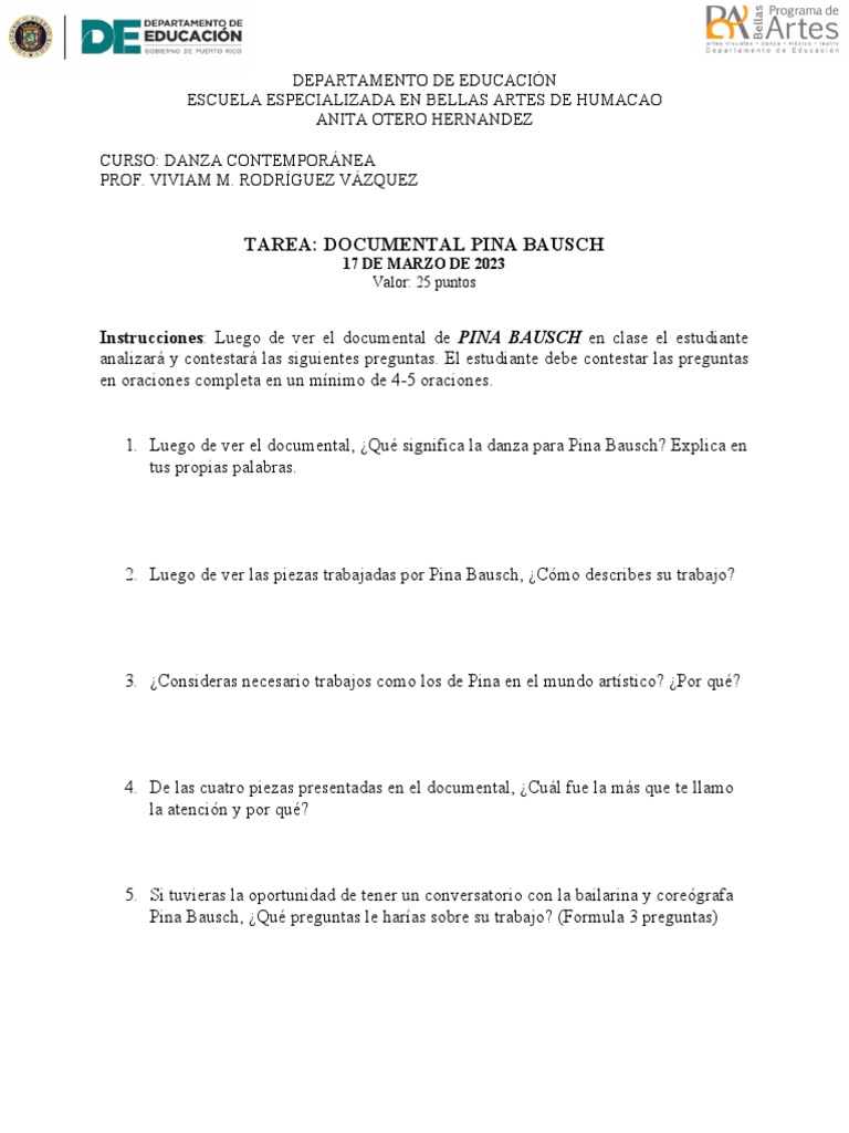 Tarea: Documental Pina Bausch | PDF