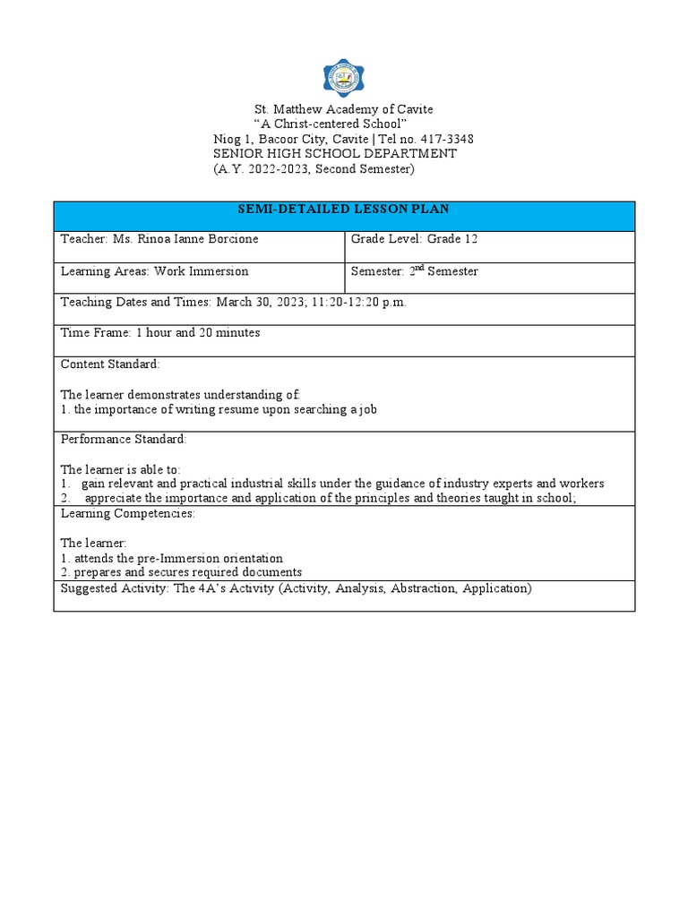 Grade 12 Resume Writing Lesson Plan | PDF | Résumé | Experience