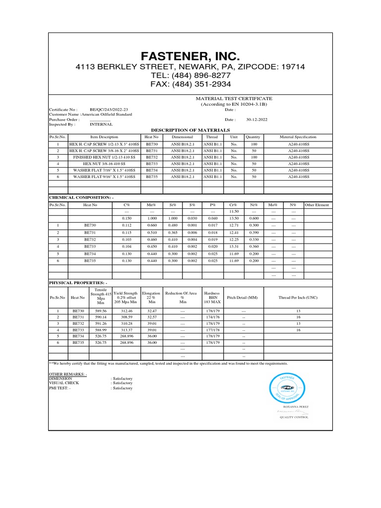 Material Test Certificate for Fasteners and Fittings Detailing Chemical ...