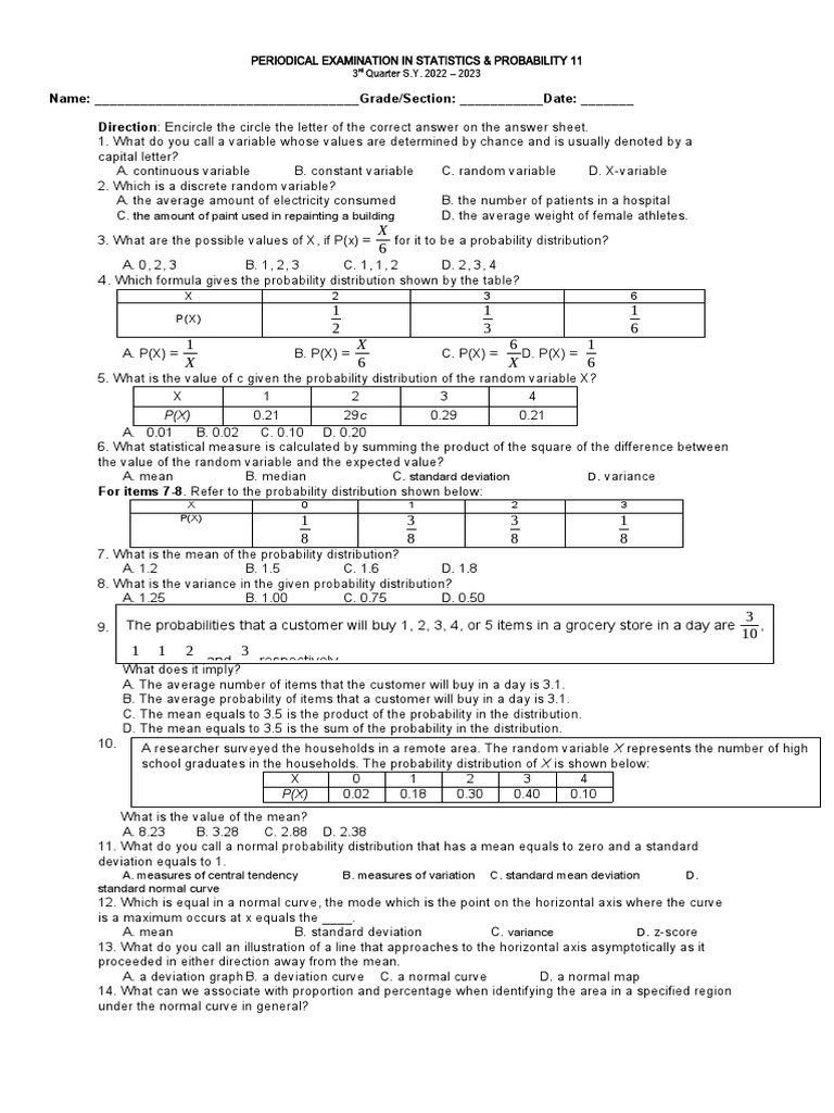 Prob Stat Exam 3rd Quarter | PDF | Estimator | Standard Deviation