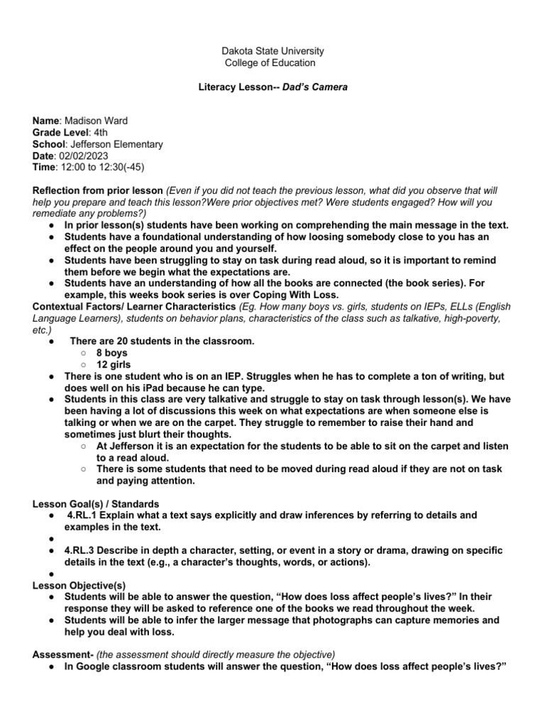 4th Grade Literacy on Coping with Loss | PDF | Thought | Classroom