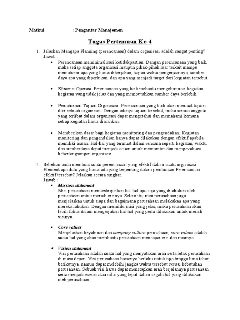 Tugas Pertemuan Ke-4: Matkul: Pengantar Manajemen | PDF
