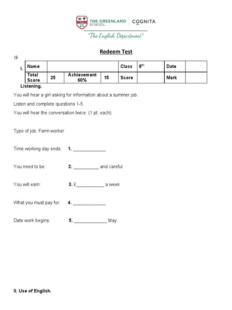Redeem Test: I. Listening. Name Class 8 Date Total Score 25 Achievement ...
