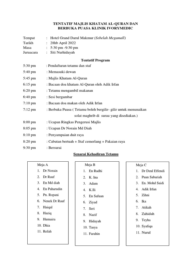 Tentatif Majlis Khatam Al-Quran | PDF