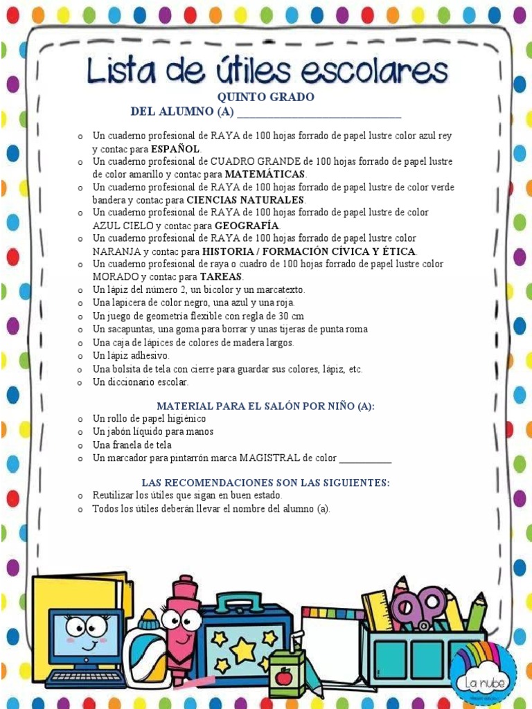 Lista de Útiles Escolares 2022-2023 QUINTO GRADO | PDF