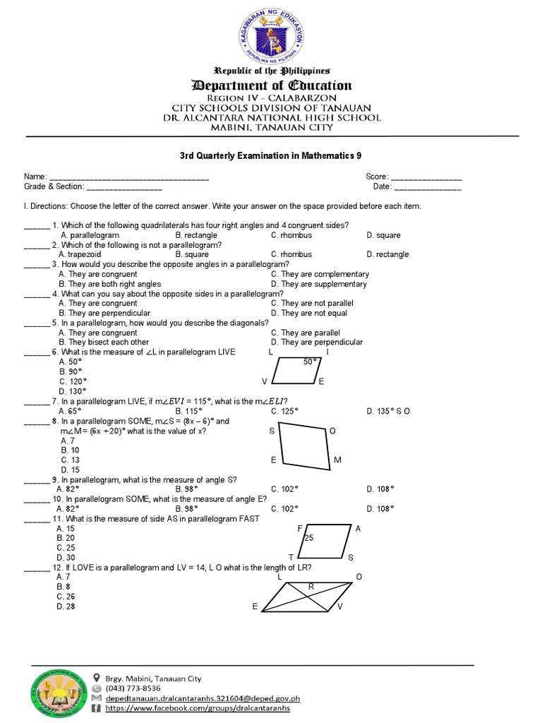 3rd Quarterly Math Exam for Grade 9 | PDF | Rectangle | Geometric Shapes