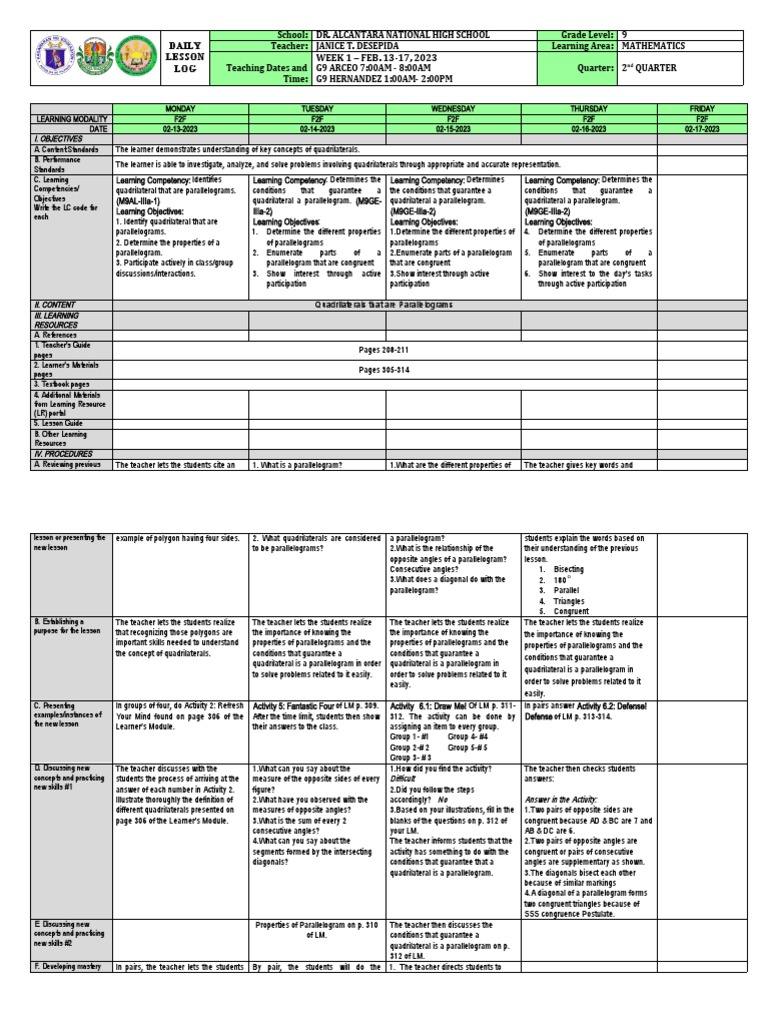 Math9 DLL Qtr3-Wk1 SY-22-23 | PDF | Learning | Behavior Modification