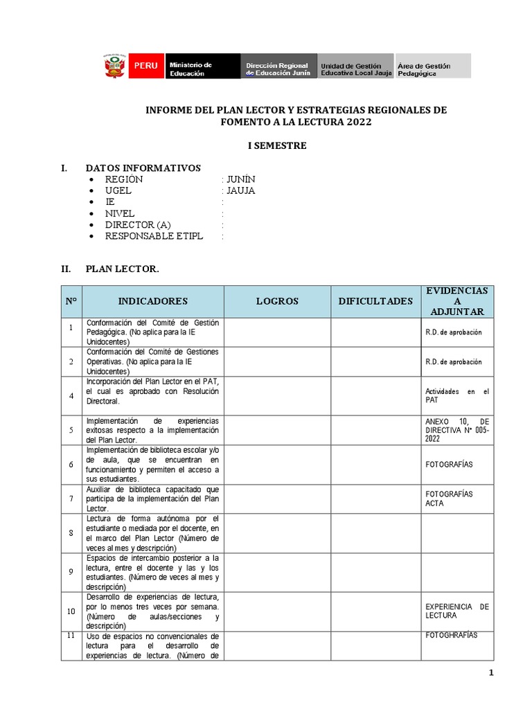 INFORME PLAN LECTOR de IE A UGEL 2022 | PDF | Aprendizaje