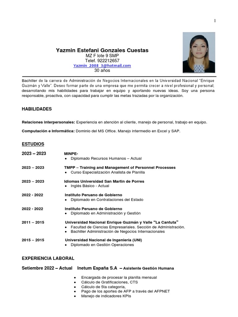 CV Yazmin Estefani Gonzales Cuestas | Descargar gratis PDF | Business | Negocios económicos
