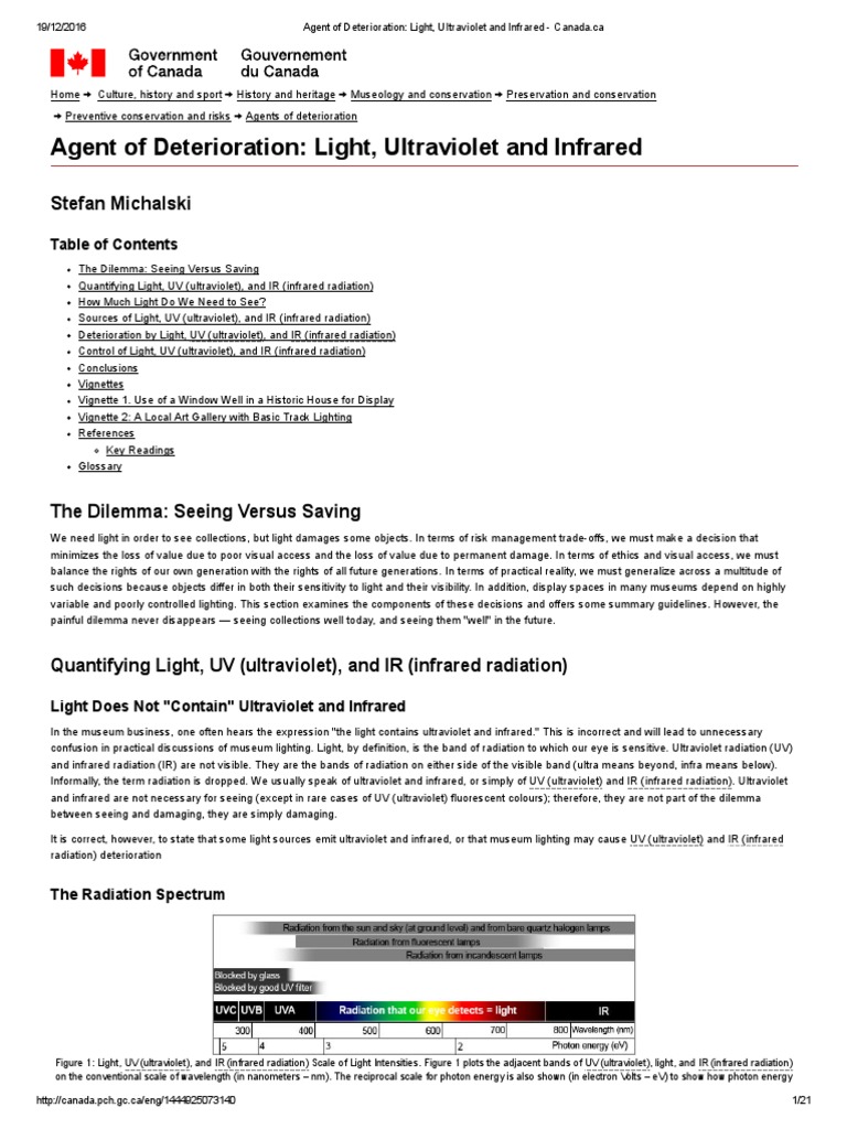 Agent of Deterioration - Light, Ultraviolet and Infrared - Canada | PDF ...