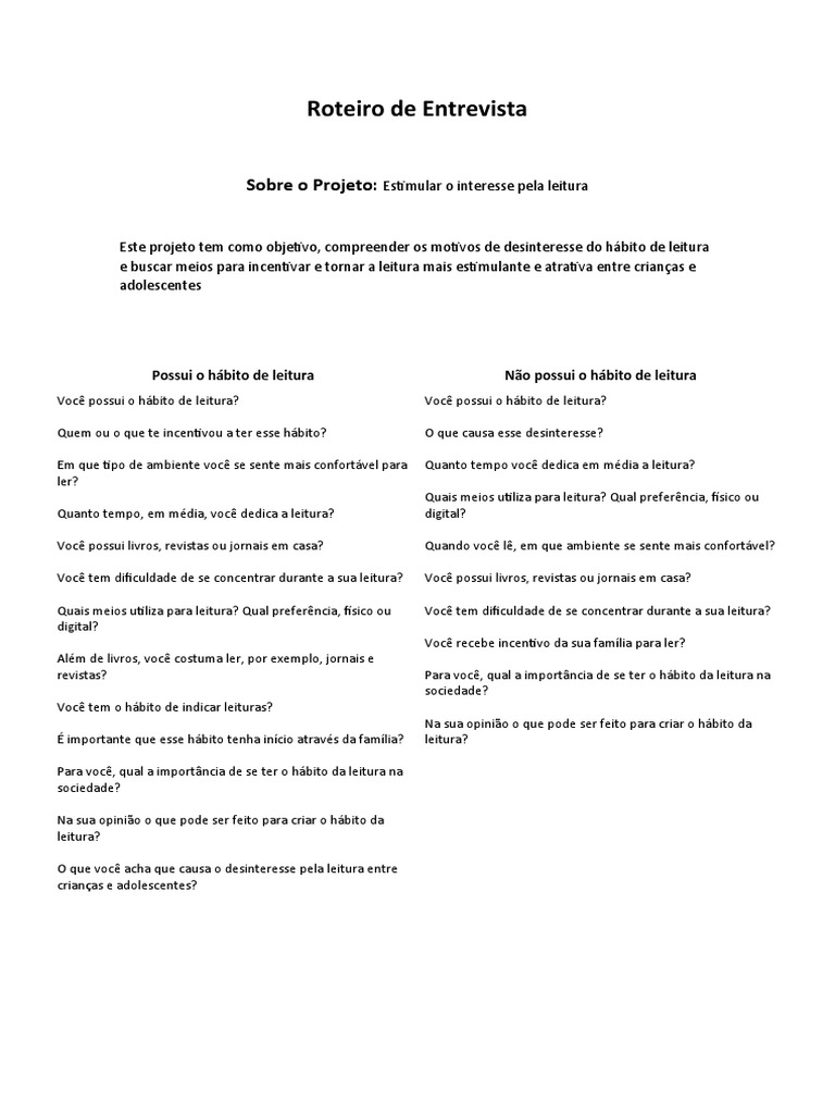 Roteiro de Entrevista | PDF | Autoajuda | Bem-estar