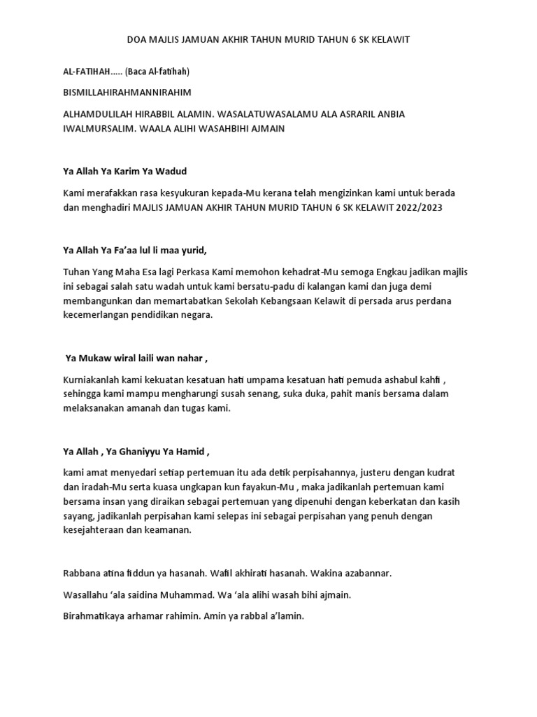 Doa Majlis Akhir Tahun SK Kelawit | PDF | Agama & Spiritualitas