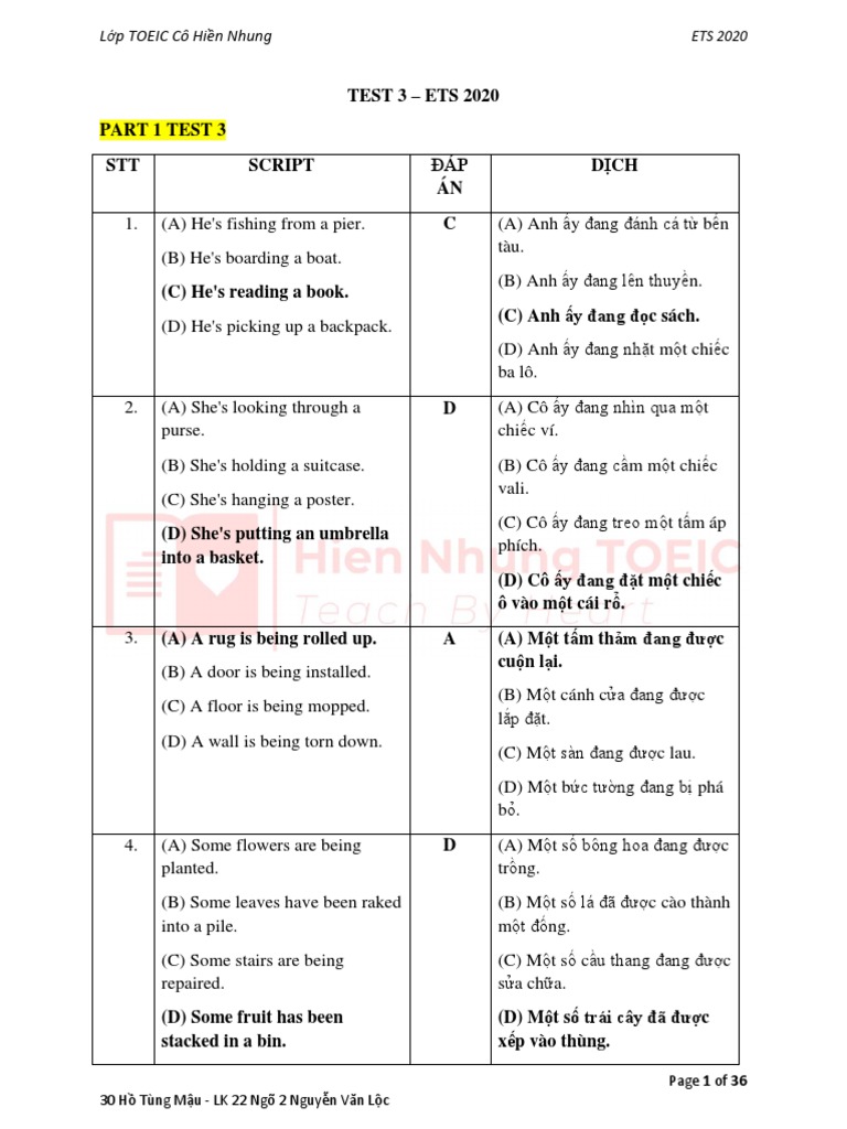 Lớp TOEIC Cô Hiền Nhung: of 30 Hồ Tùng Mậu - LK 22 Ngõ 2 Nguyễn Văn Lộc | PDF