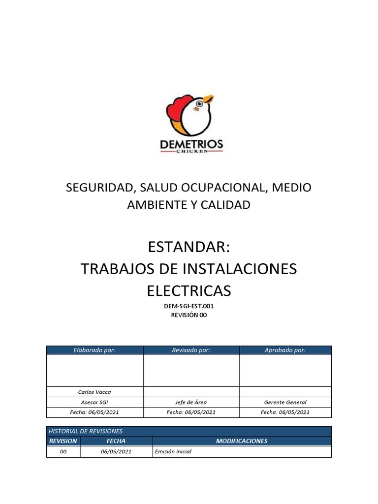 DEM-SGI-EST.001 Trabajos de Instalaciones Electricas DEMETRIOS CHICKEN Rev0 | PDF | Ingenieria ...