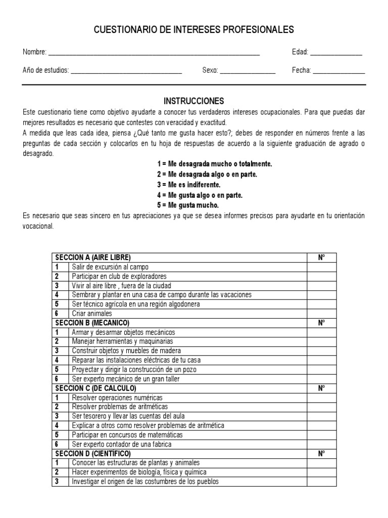 Cuestionario de Intereses y Aptitudes | PDF | Herramientas | Canciones