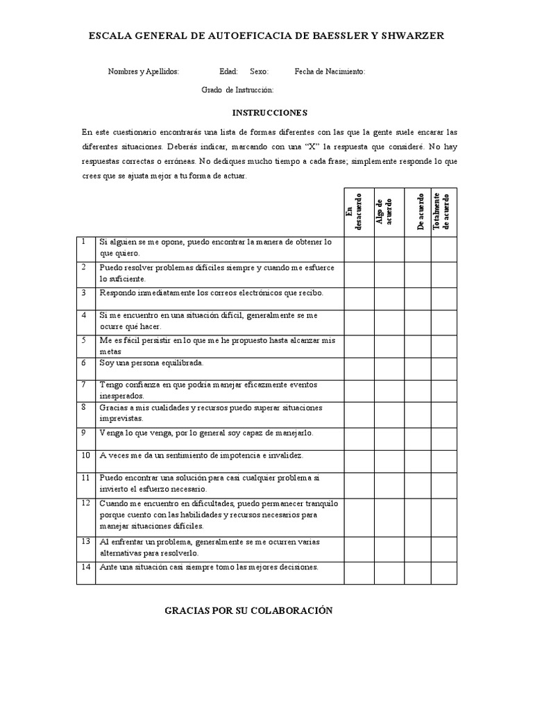 Escala de Autoeficacia de Baessler y Schwarzer | PDF