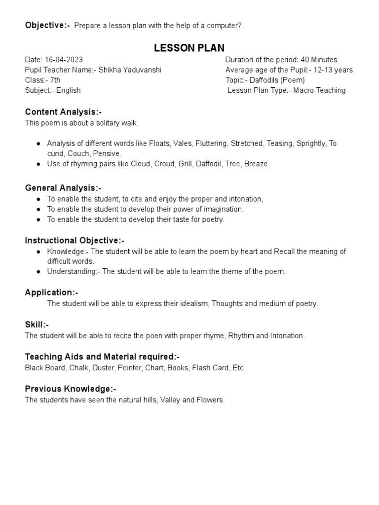 Lesson Plan: Objective | PDF