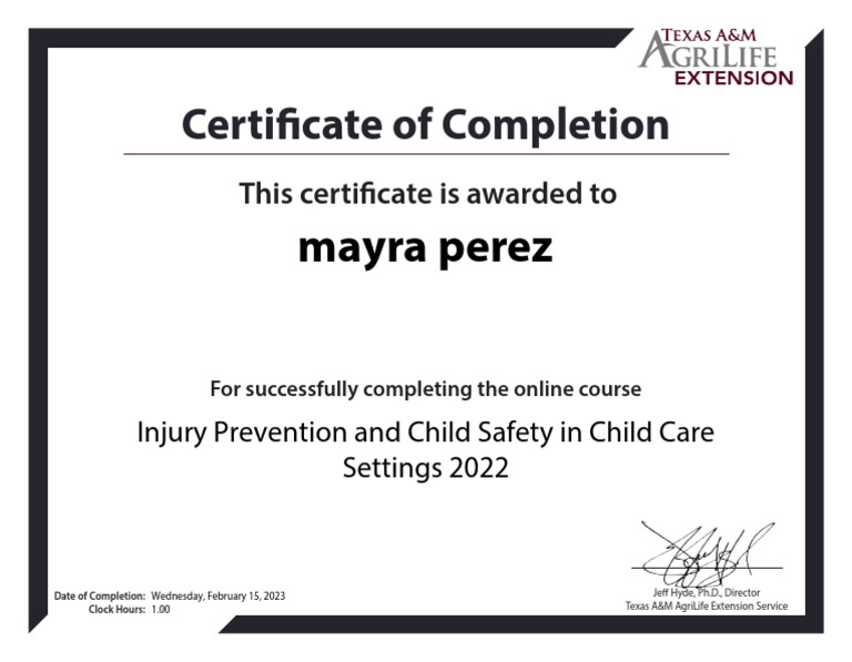Certificate - Clock Hours Injury Prevention and Child Safety in Child ...