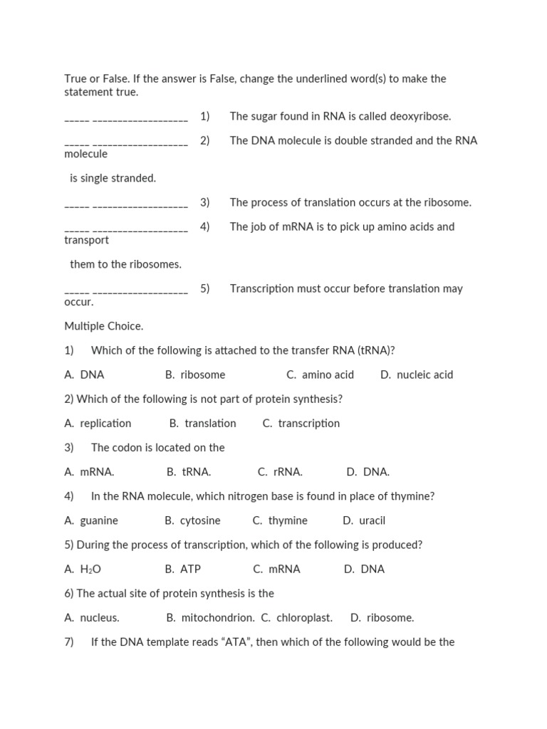 True or False | PDF | Rna | Translation (Biology)