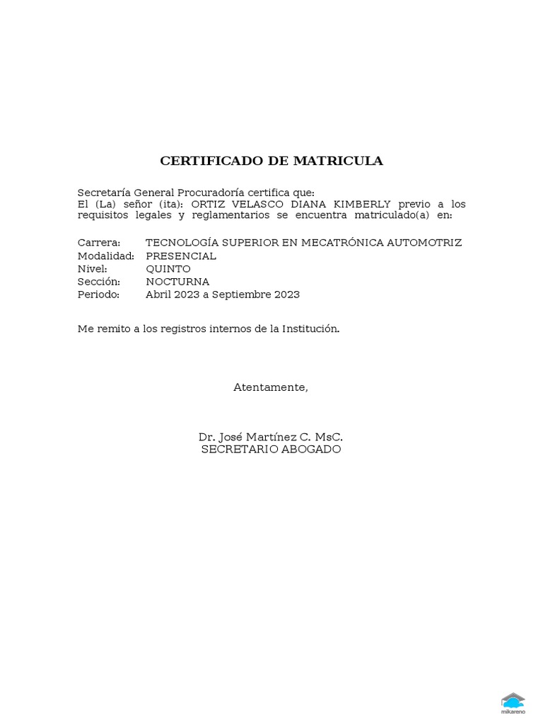Certificado-Matrícula 5 Diana Kimberly Ortiz Velasco | PDF
